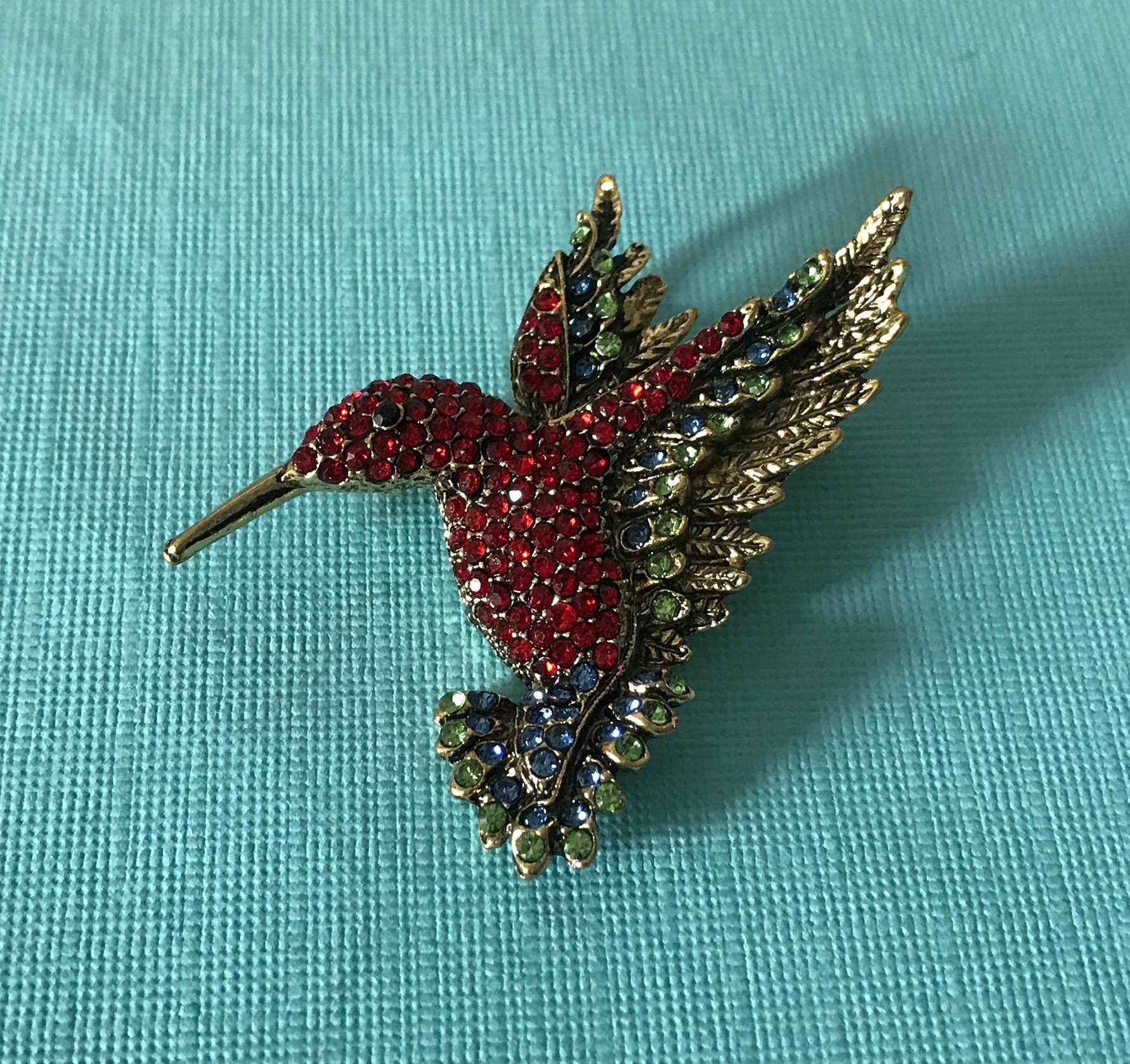 Rhinestone Hummingbird Brooch, Red and Green Hummingbird Pin, Bird Pin ...