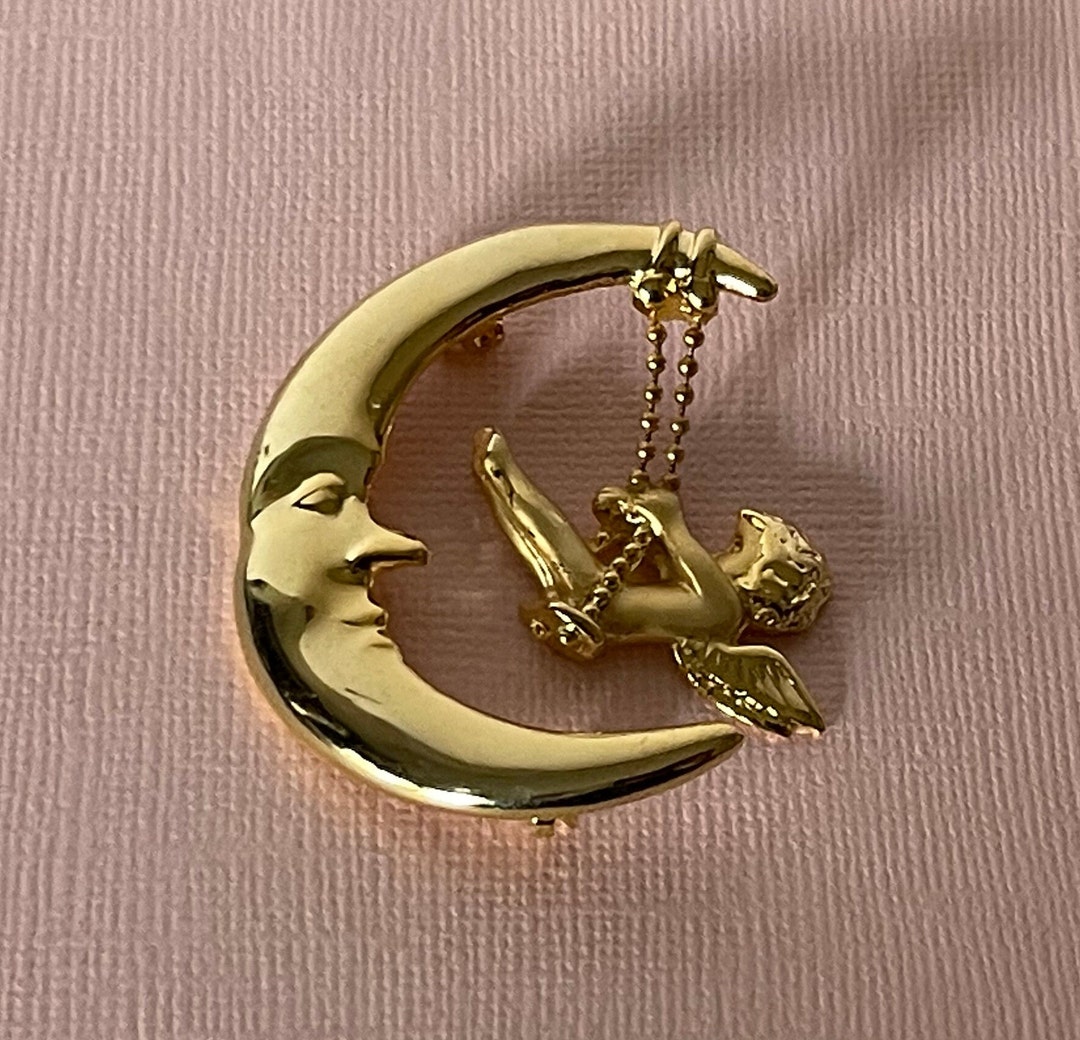 Vintage Angel Brooch, Angel Swinging From Moon Pin, Signed Danecraft ...