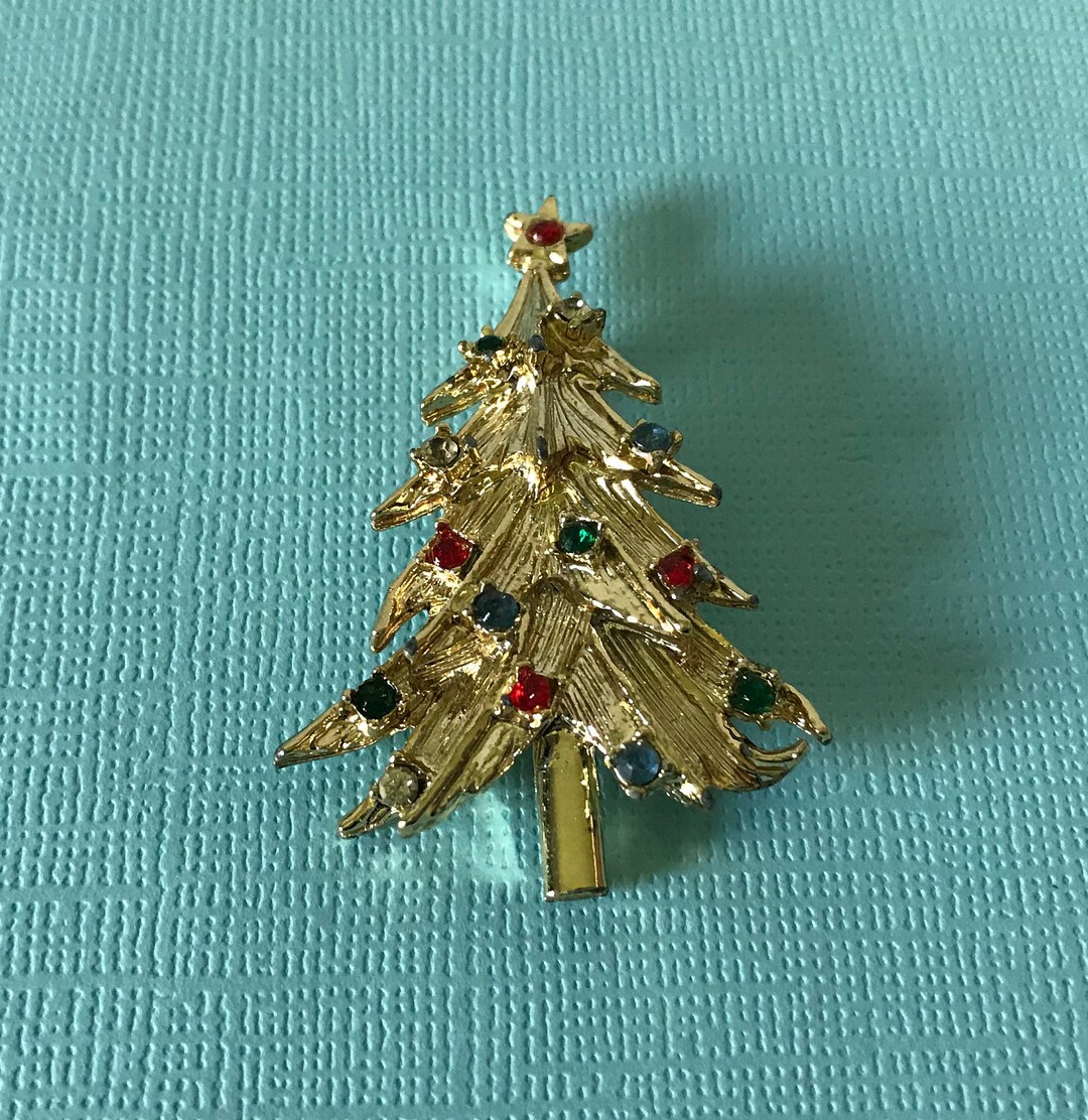 Vintage Rhinestone Christmas Tree Brooch, Christmas Pin, Multi Colored ...