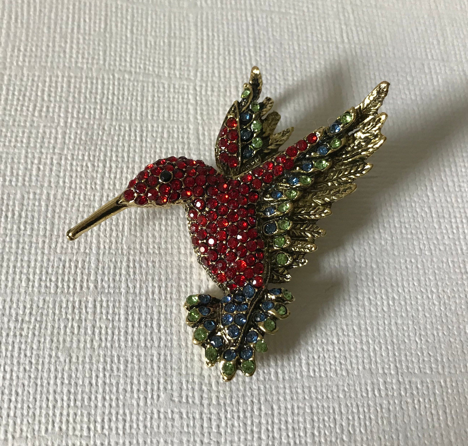 Rhinestone Hummingbird Brooch, Red and Green Hummingbird Pin, Bird Pin ...