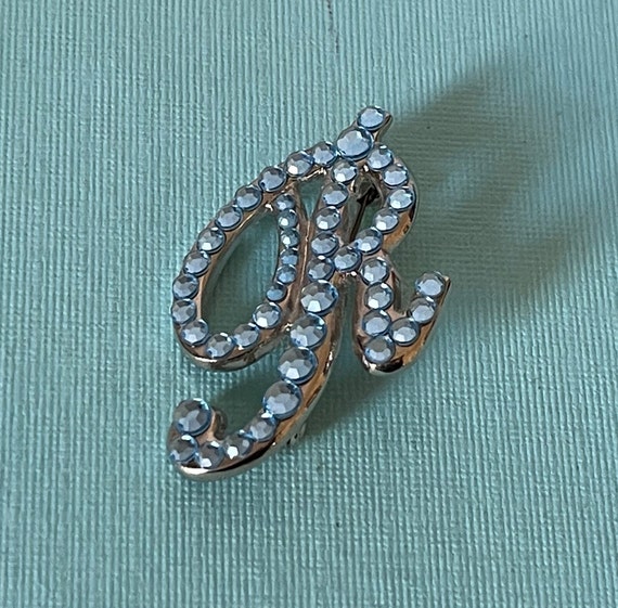 Vintage letter R brooch, rhinestone letter R pin, blu… - Gem