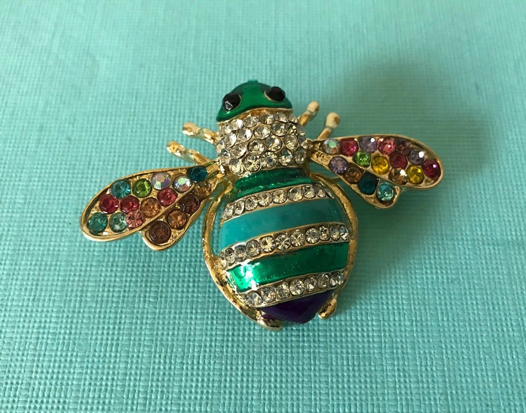 Green and Blue Multi Colored Rhinestone Bumble Bee Pin, Bee Brooch, Bee ...