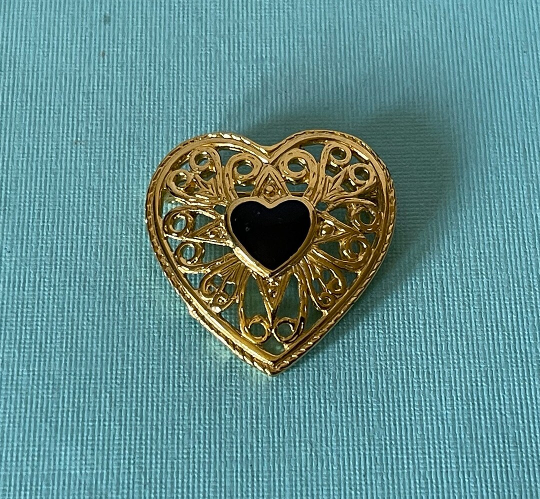 Vintage Heart Brooch, Gold Heart Brooch, Black Heart Pin, Wedding Heart ...