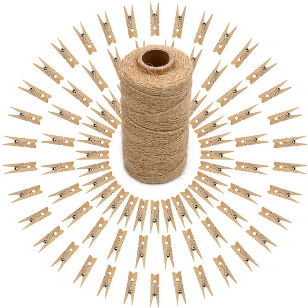 100 Pcs Mini Natural Wooden Clothespins and 328 Feet Jute Twine,baby ...