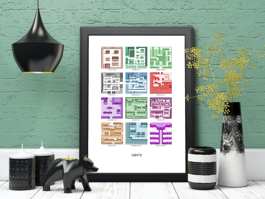 Pokemon Kanto Towns Map - Gameboy Retro Gamer Style Poster Art Print ...