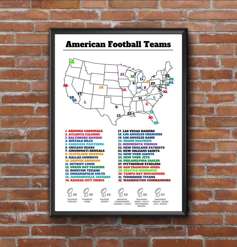American Football Teams Map NFL Poster Art Print Dad Brother Mum Sister ...