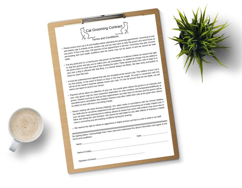 Cat Grooming Contract A4 - Instant Download - Etsy