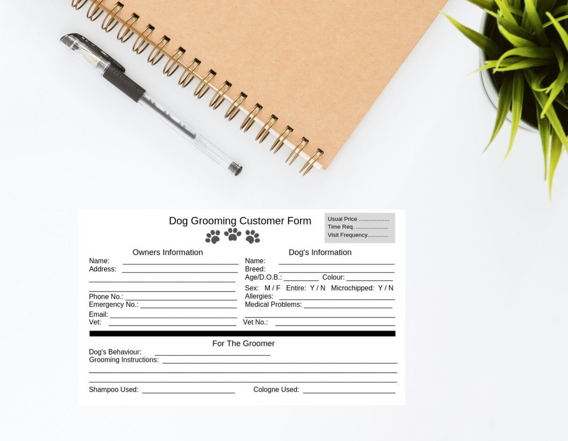 Dog Grooming Customer Form 20cm X 12cm - Instant Download - Etsy