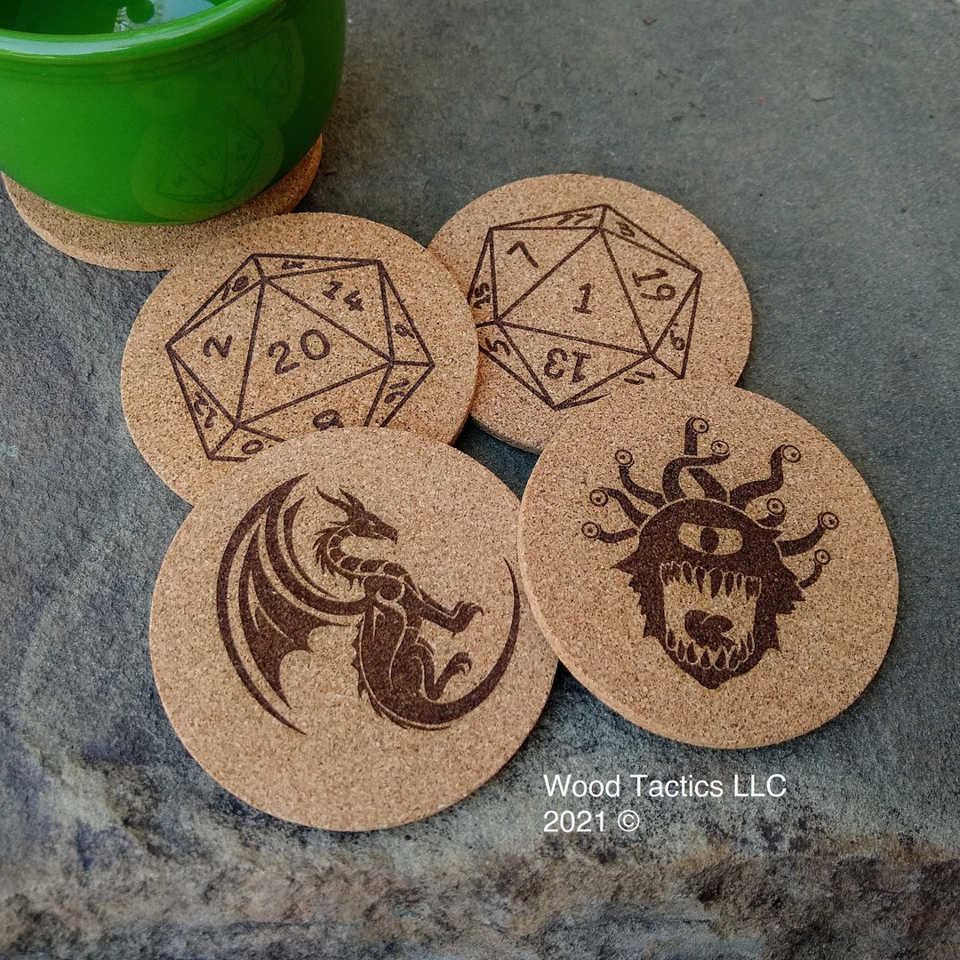 RPG/D20 Coasters, Made From Cork - Eye Beast, Dragon, Double Sided D20 ...