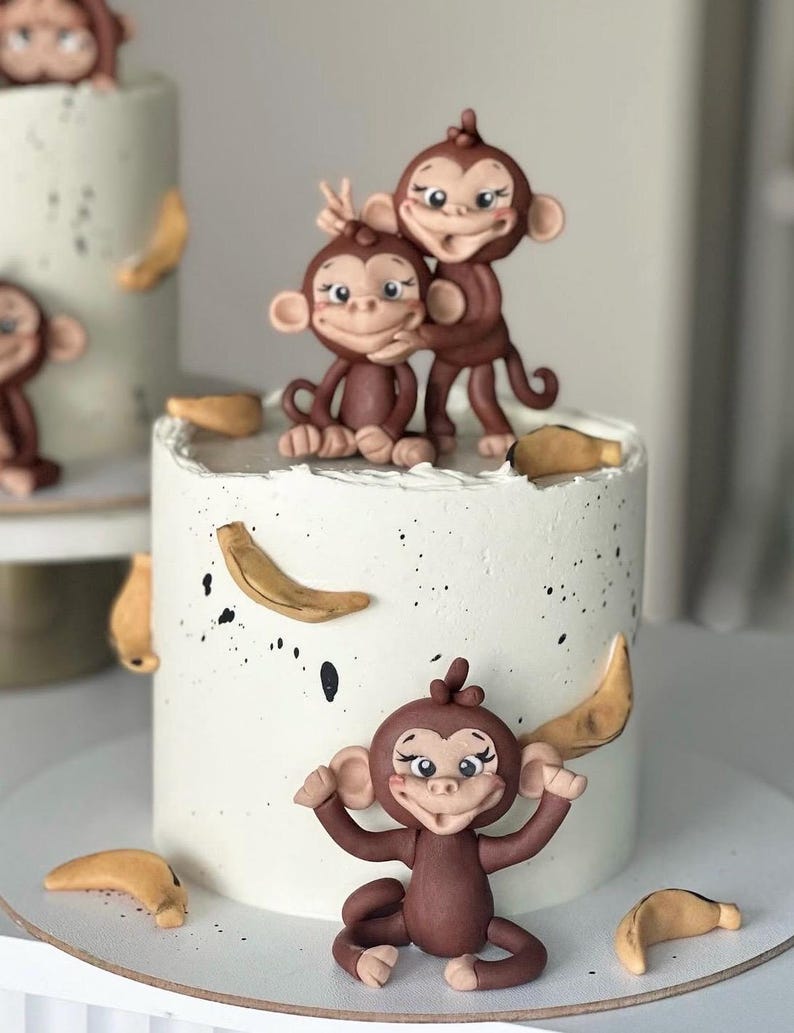 Monkey Cake Topper , Fondant Monkeys Figure, Monkey Birthday Party, Monkey Cake With Bananas ...