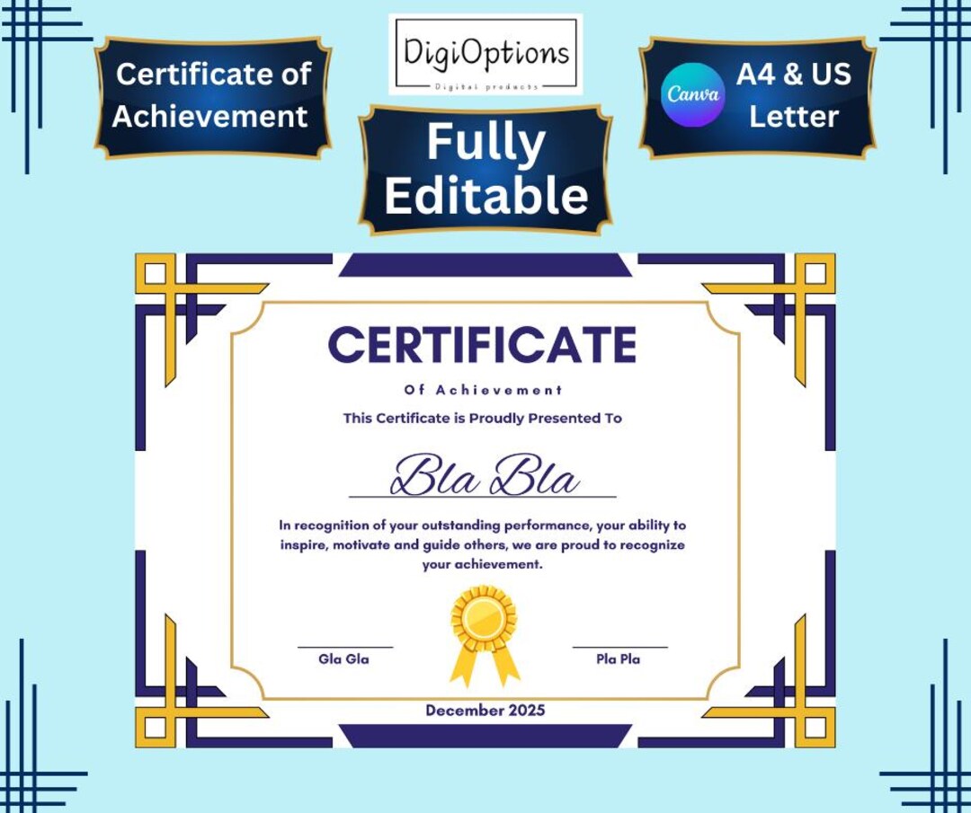 Editable Certificate Award of Achievement Template, Printable ...