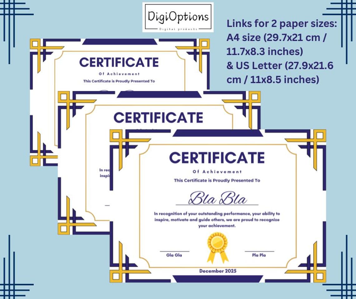 Editable Certificate Award of Achievement Template, Printable ...