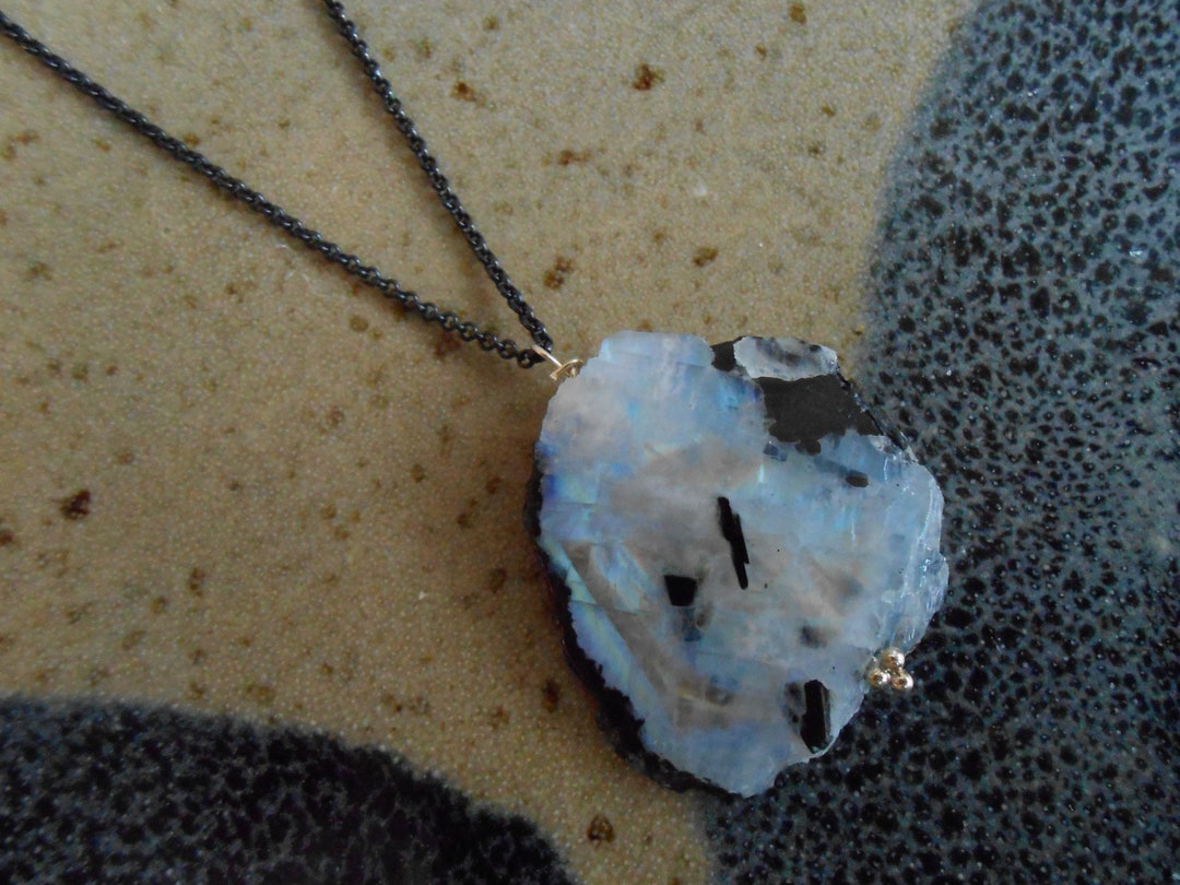 Tourmalined Flashy Blue Moonstone Rough Pendant Necklace-blue Fire ...