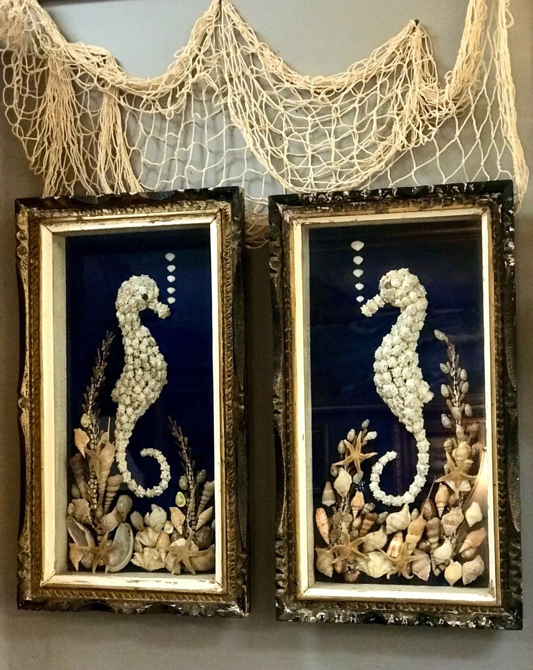 Very Rare Pair of Vintage Seashell Seahorse Shadow Box Wall Art ...