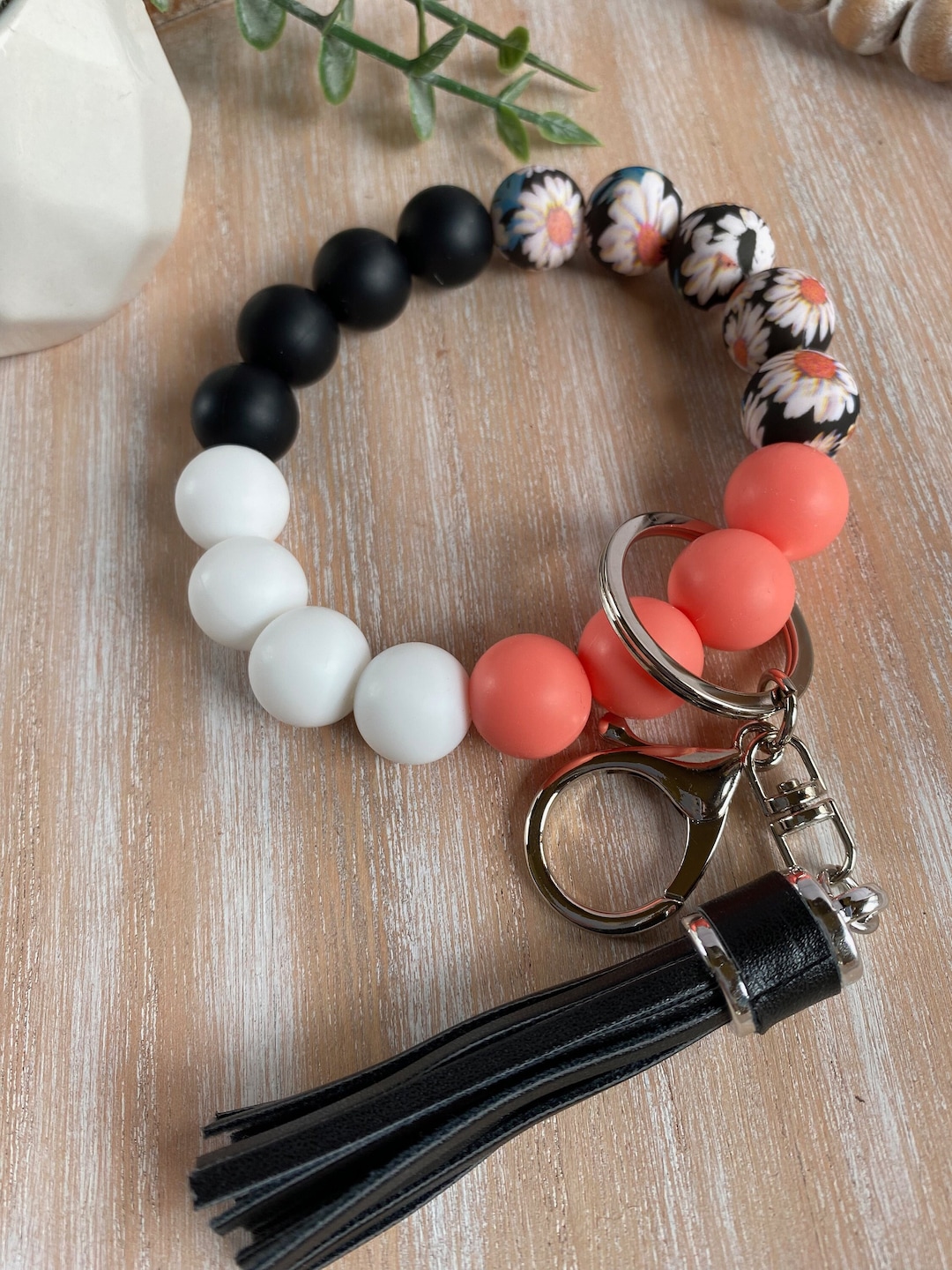Floral/coral Silicone Wristlet Keychain Non Stretch Hands Free Beaded ...