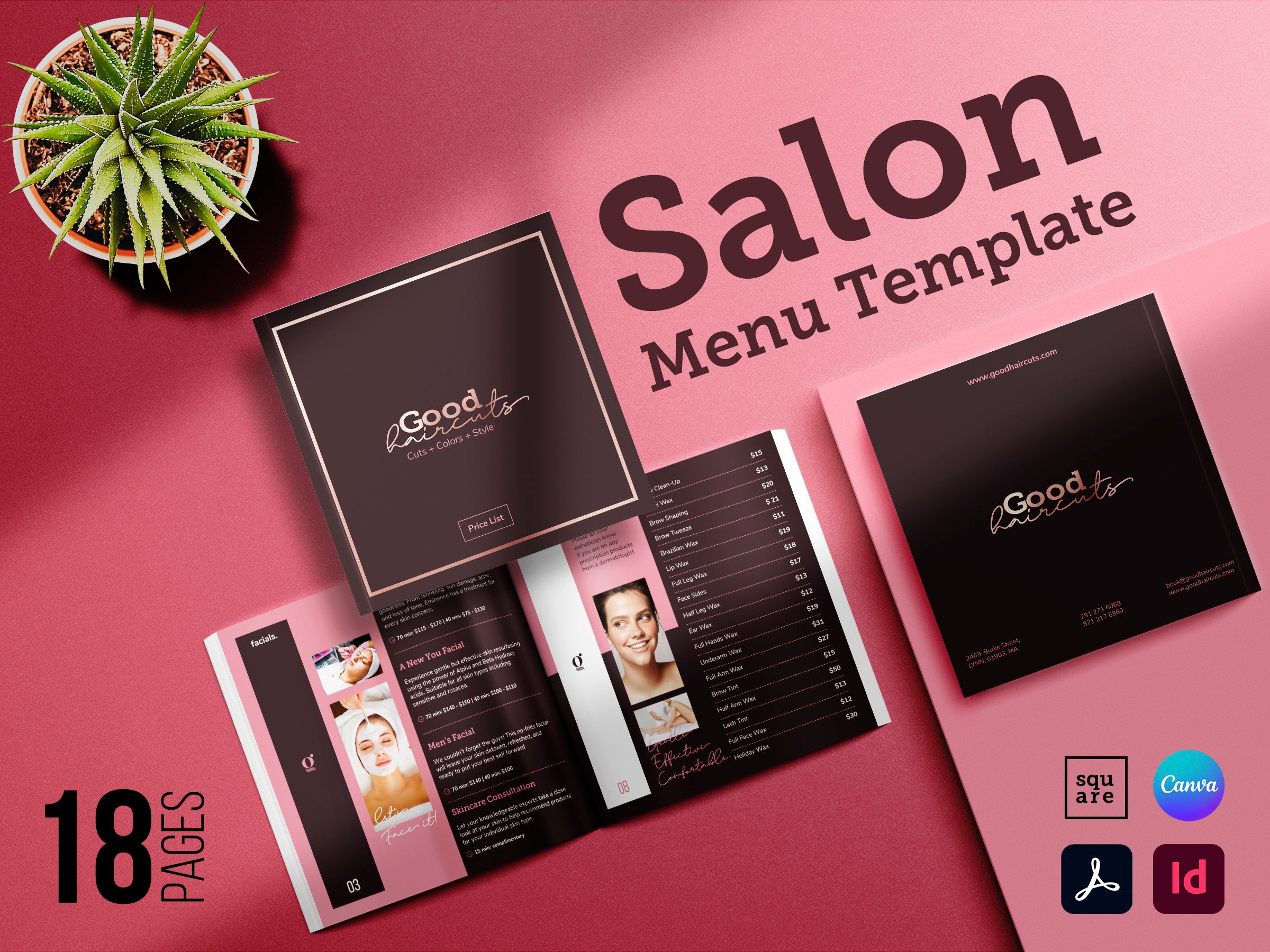 Salon Menu Template: Square Brochure, Rose Gold Design (canva ...
