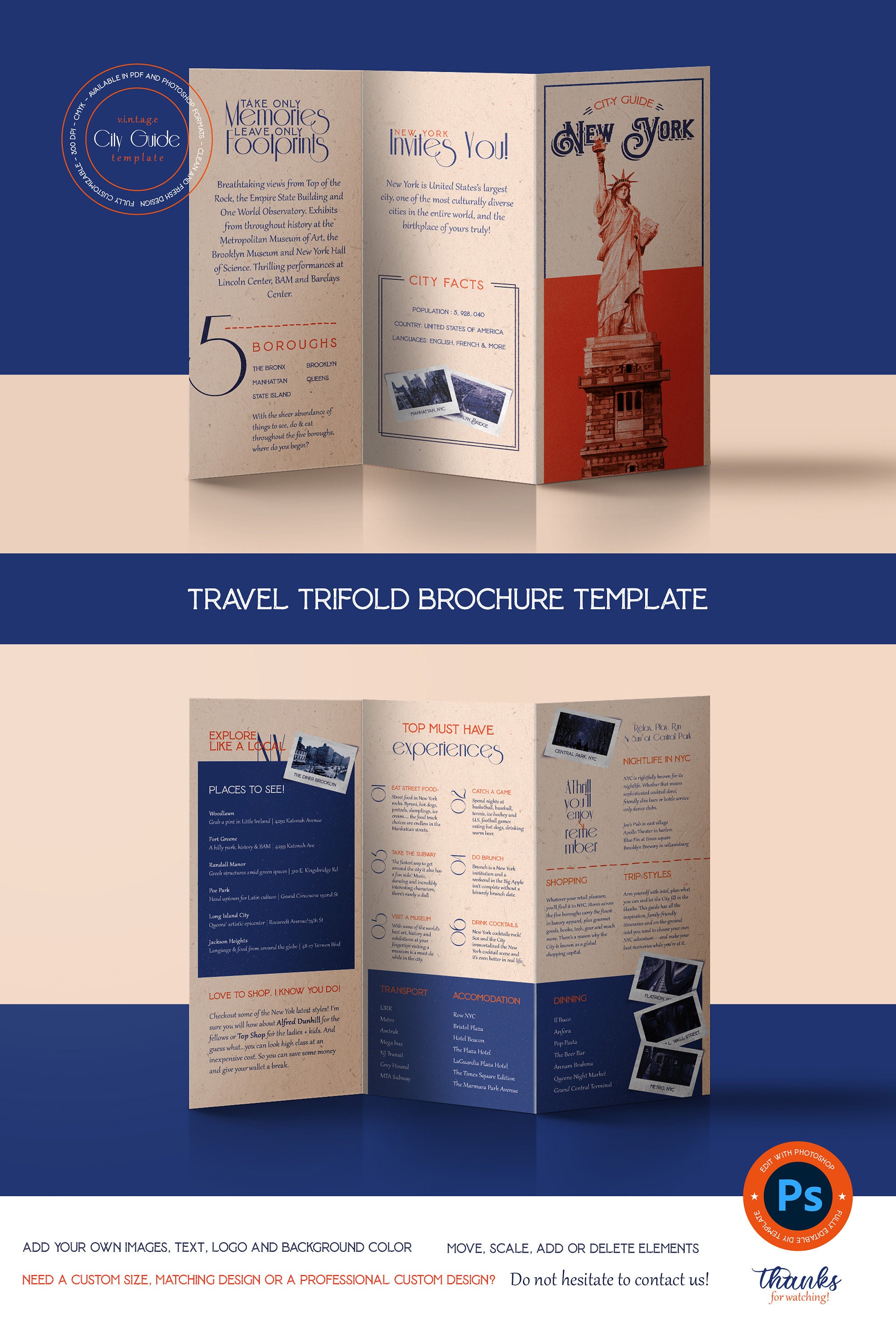 City Guide Vintage Trifold Brochure Template | Travel Guide Template ...