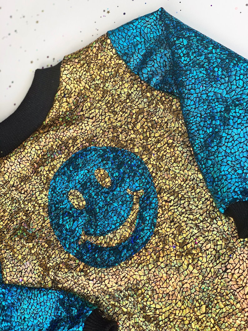Kids Holographic Gold / Turquoise Smiley Face Bomber Jacket | Etsy