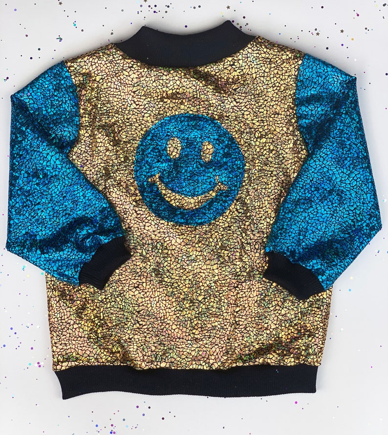 Kids Holographic Gold / Turquoise Smiley Face Bomber Jacket | Etsy