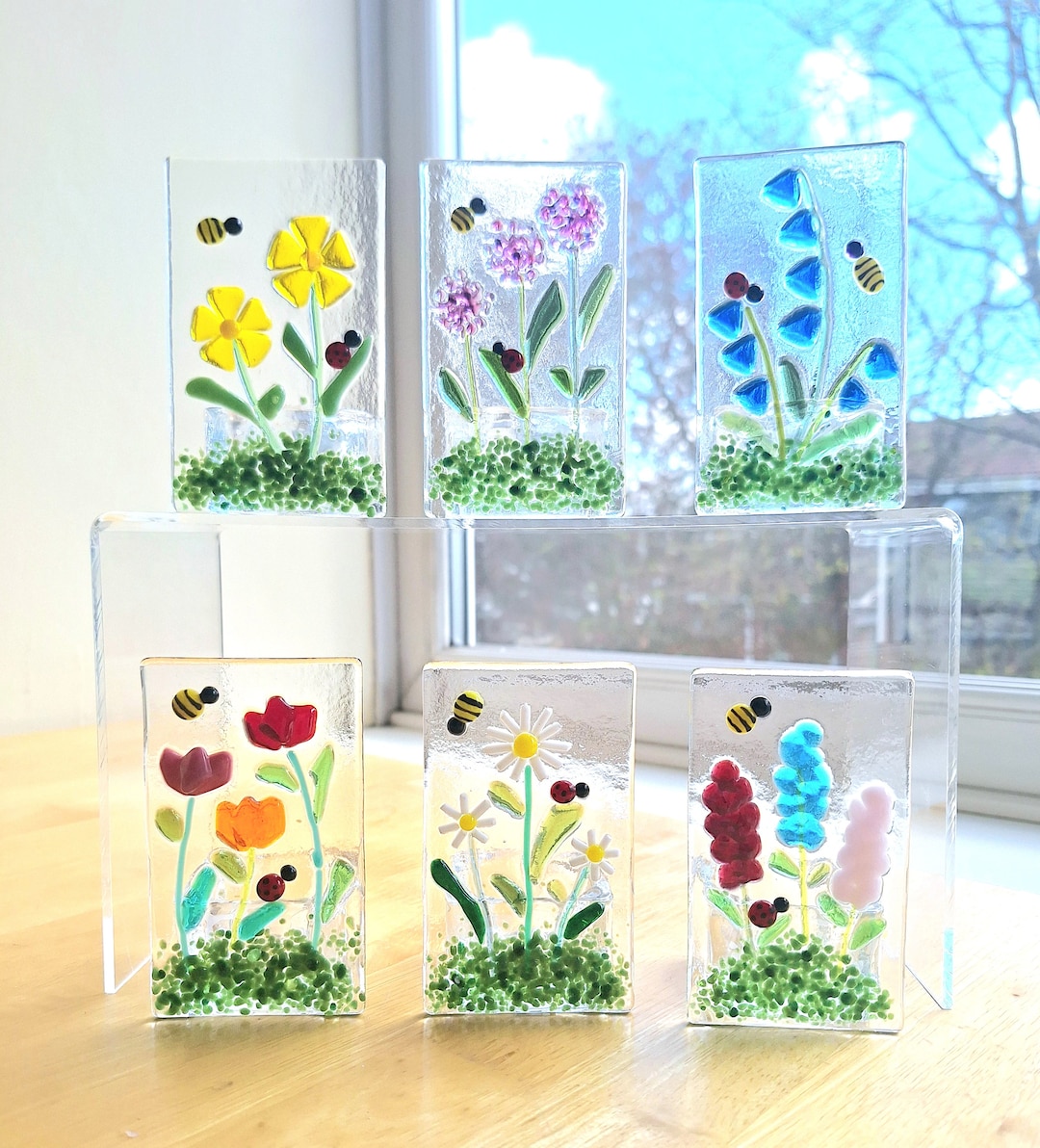 Fused Glass Art, Tea Light Holders, Spring Flowers With Bee and ...