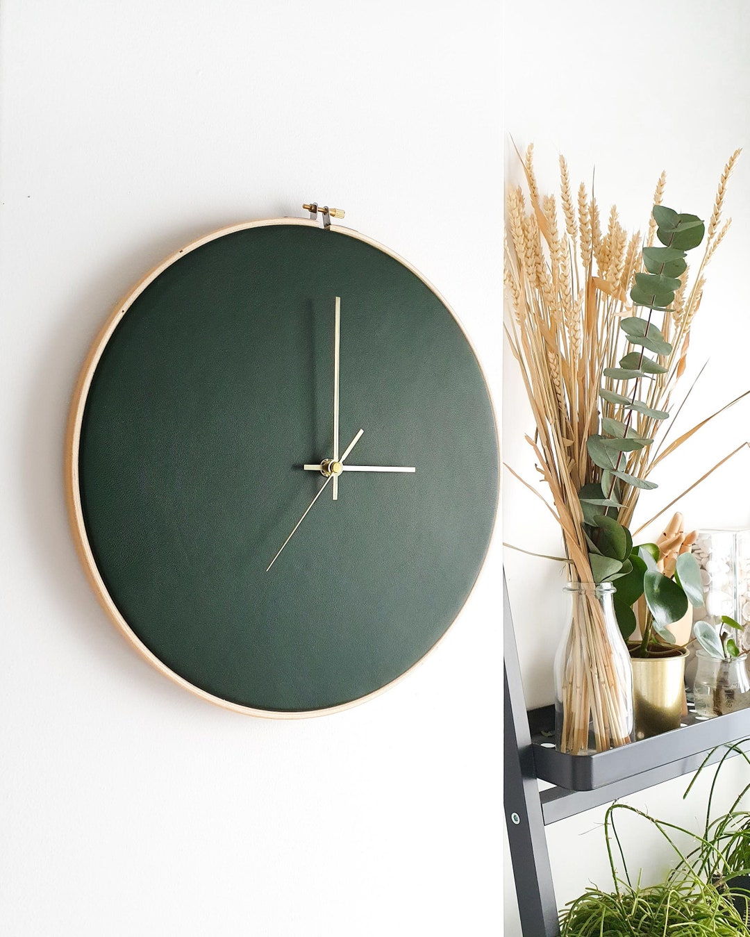Wall Clock. Leather. 12.6in/32cm. Bottle Green. Home Decor. Minimalist ...