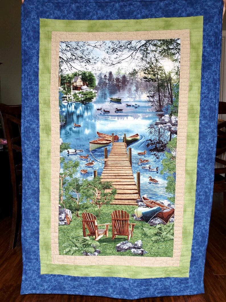 Scenic Lakeside Quilt, Canoes, Ducks, Dock, Vacation, Sunshine, Water ...