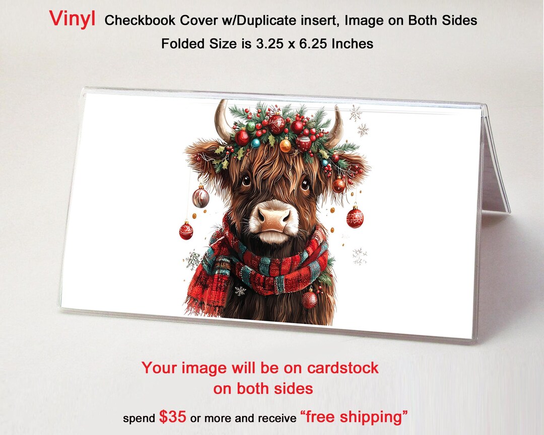 Christmas Highland Cow 1 Vinyl Checkbook Cover - Includes Duplicate ...