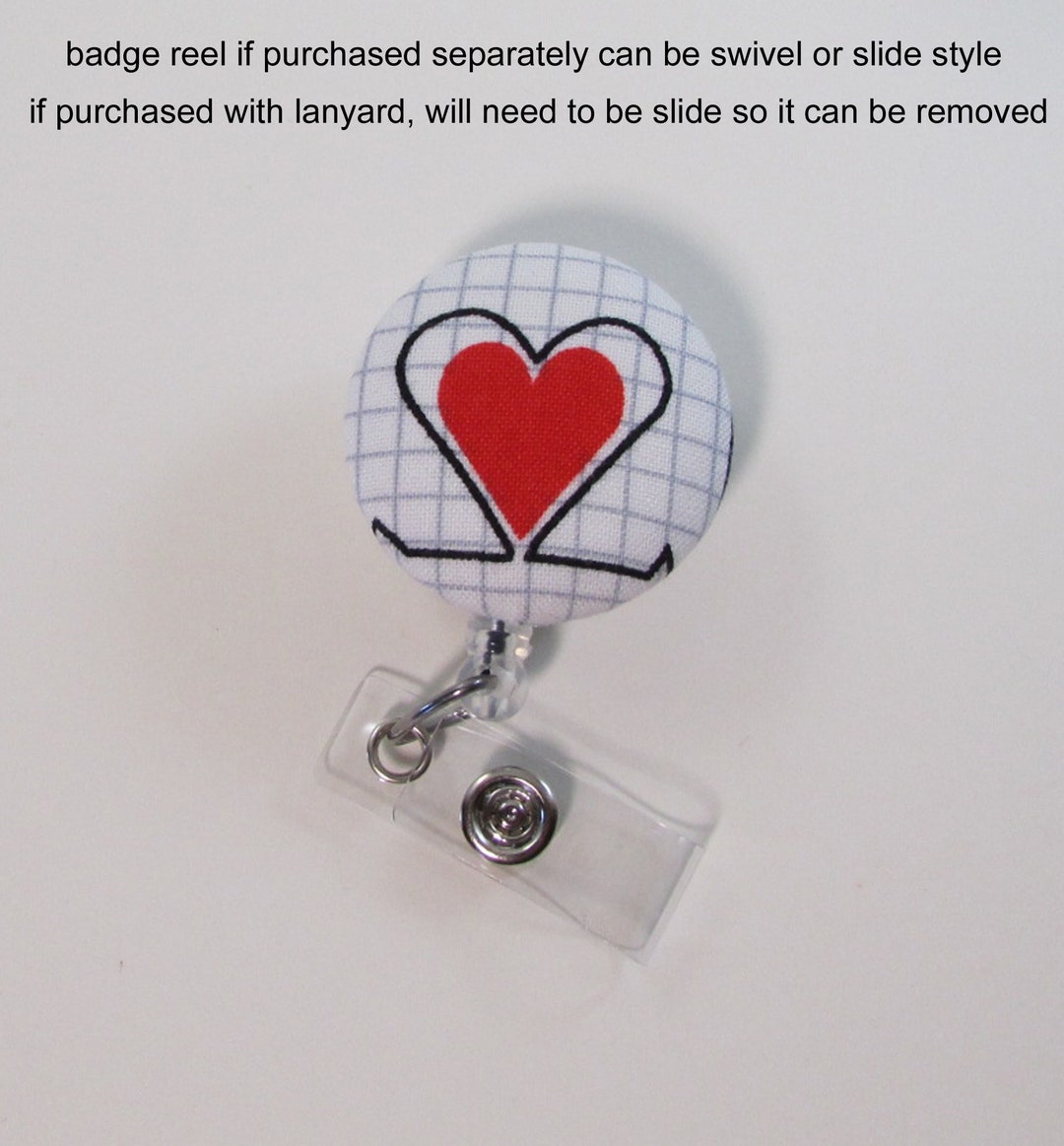 EKG Print Badge Reel - Heart Rhythm Red Heart Badge ID - Hospital Nurse ...