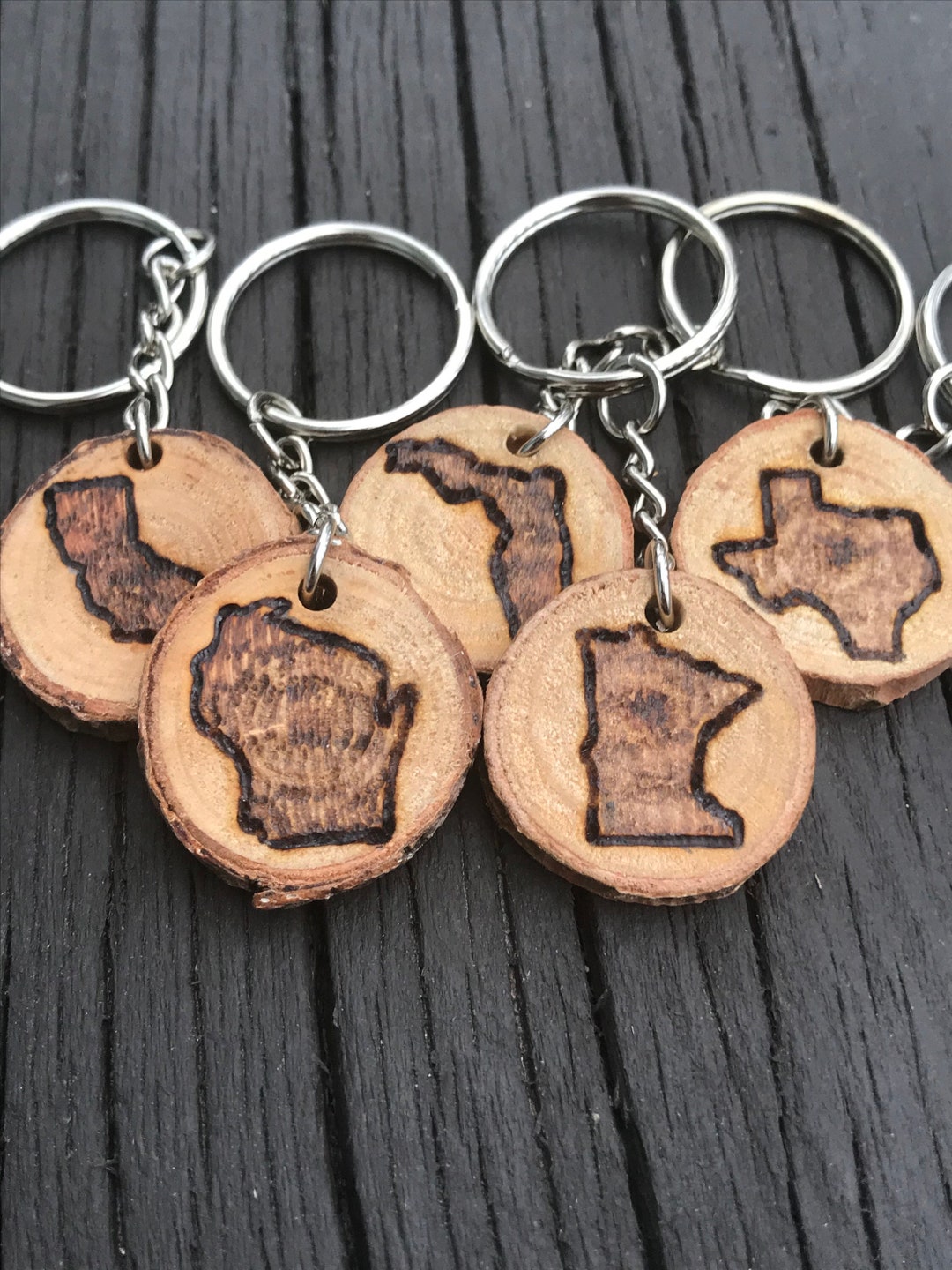 Any State Wood Burned Wood Slice Keychain Customized Rustic - Etsy
