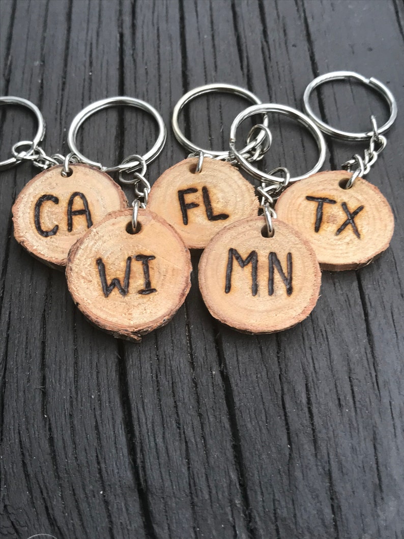 Any State Wood Burned Wood Slice Keychain Customized Rustic - Etsy