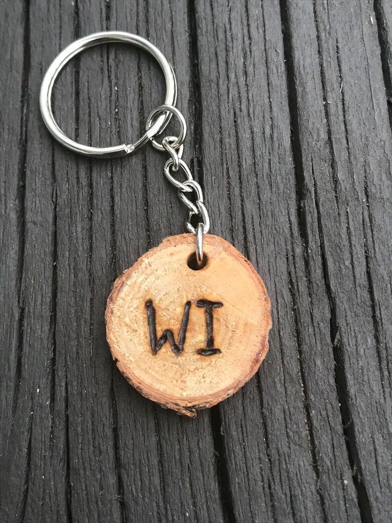 Any State Wood Burned Wood Slice Keychain Customized Rustic - Etsy