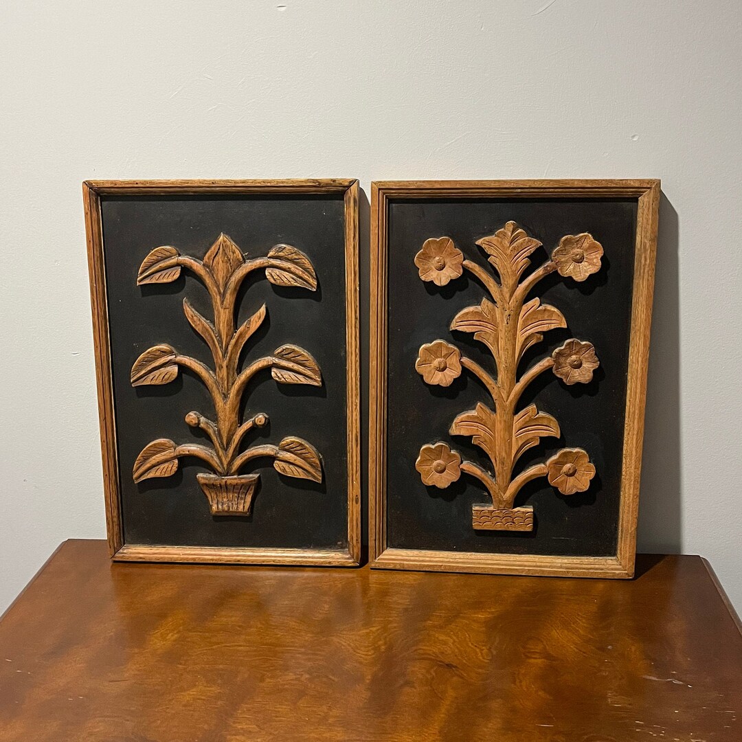 MCM Carved Wood Floral Wall Hangings Vintage Boho Bohemian Wall Decor ...
