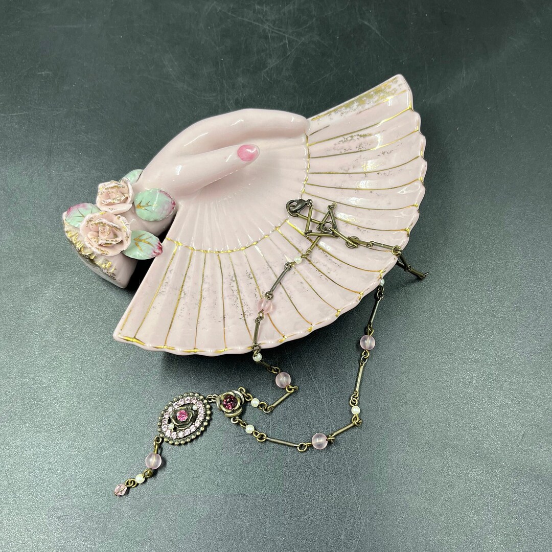 Vintage Porcelain Ring Dish Hand Holding Fan Trinket Dish Bedside ...