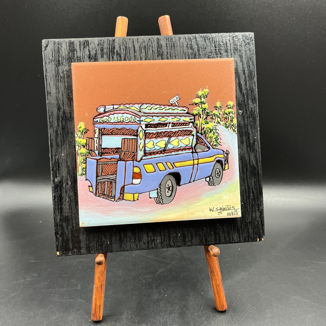 Vintage Signed Haitian Hand Painted Terra Cotta Enameled Tile Tap Tap ...