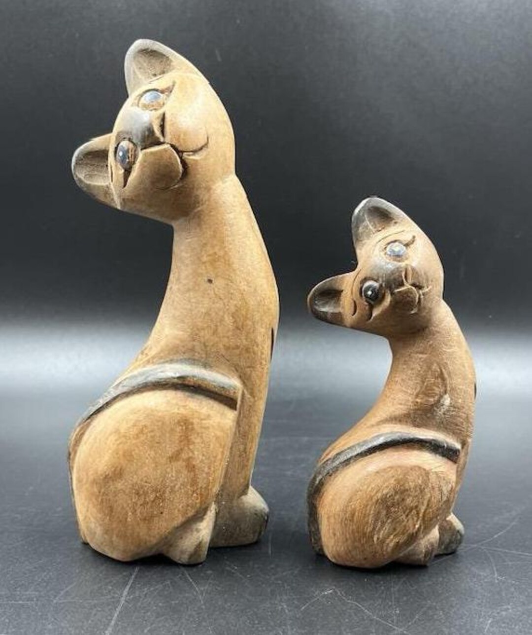 Carved Wood Sitting Cat Figurines Set of Two 2 Feline Figurines Cat ...