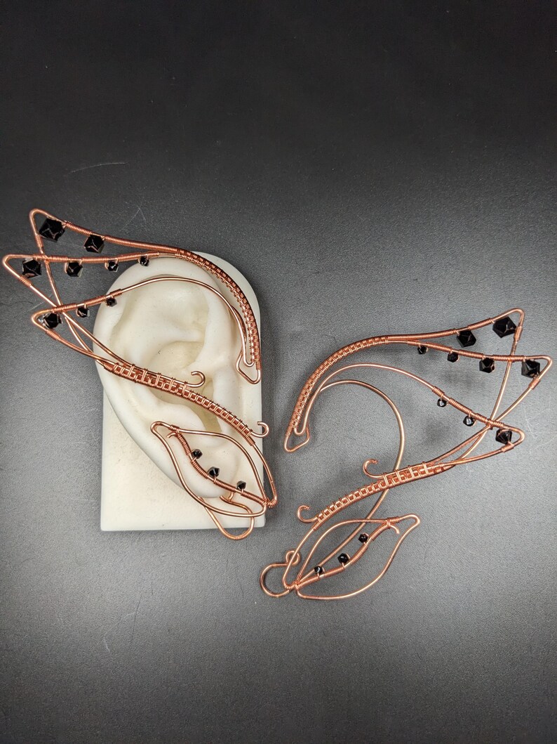 Raven's Wings Elven Ear Cuffs With Black Crystals and Copper Woven Wire ...