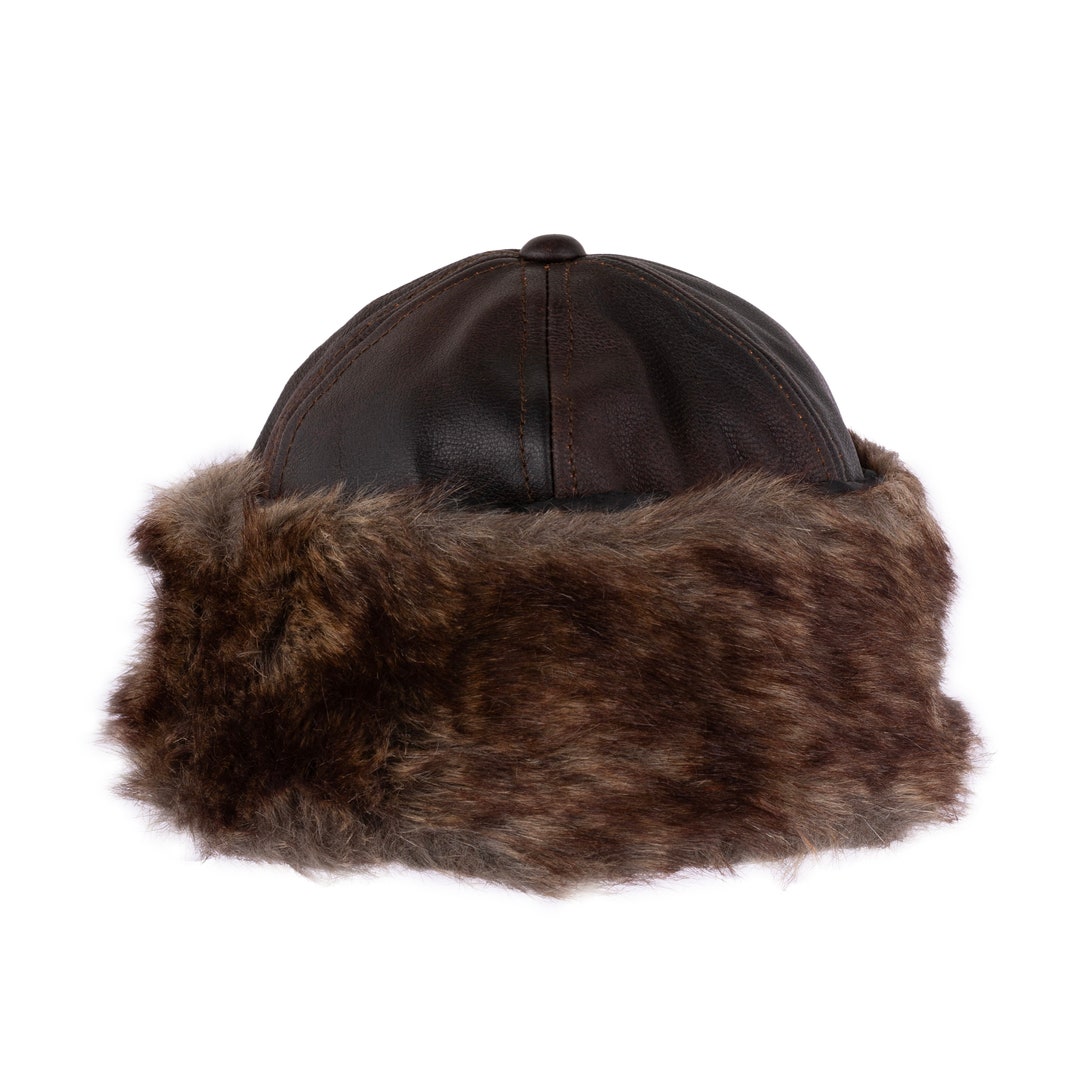 Handmade Brown Leather Winter Beanie Hat - Unisex Shearling Goatskin ...