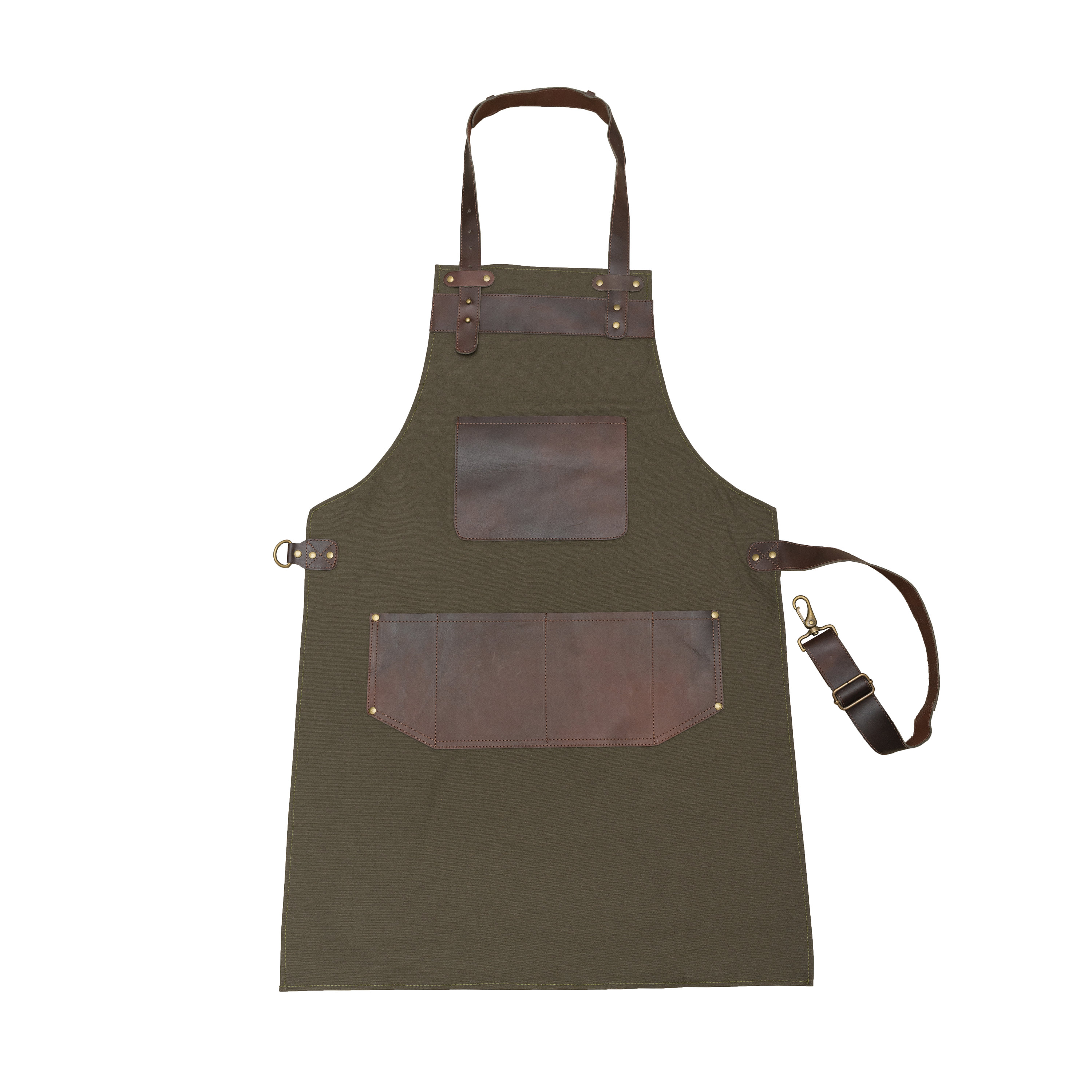 Full Grain Leather Green Canvas Apron Butcher Apron - Cook Apron - BBQ ...