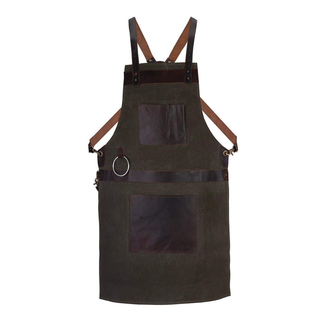 Waxed Green Canvas Handmade Leather Apron Butcher Apron DIY Apron BBQ ...