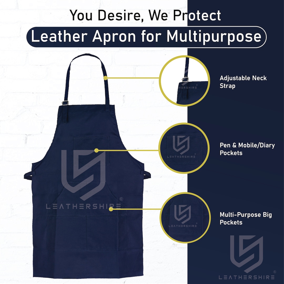 Blue Kitchen Apron for Women, Men W/pockets Adjustable Green Straps ...