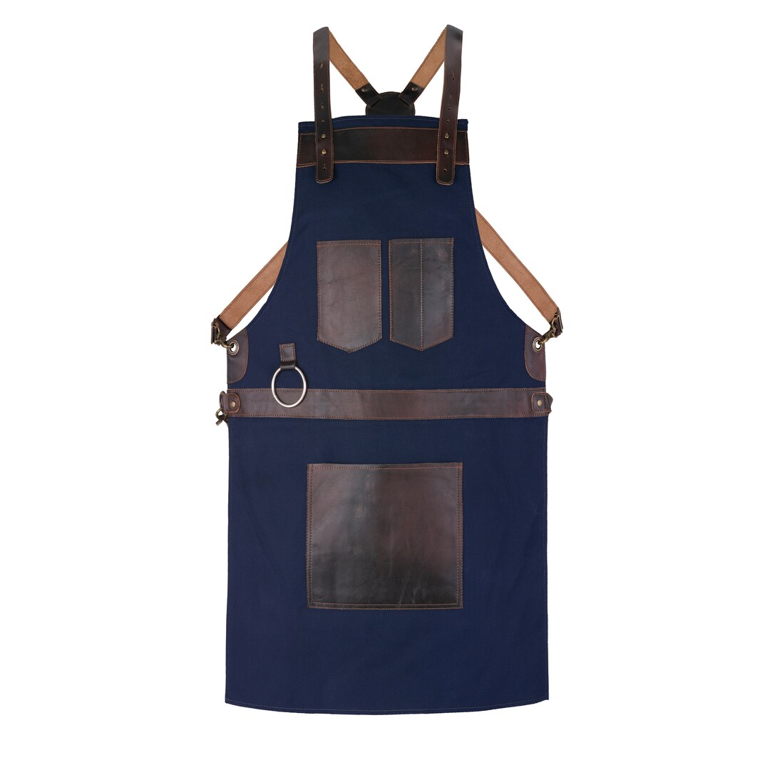 Top Grain Leather Blue Canvas Crossbody Apron Butcher Apron - Cook ...
