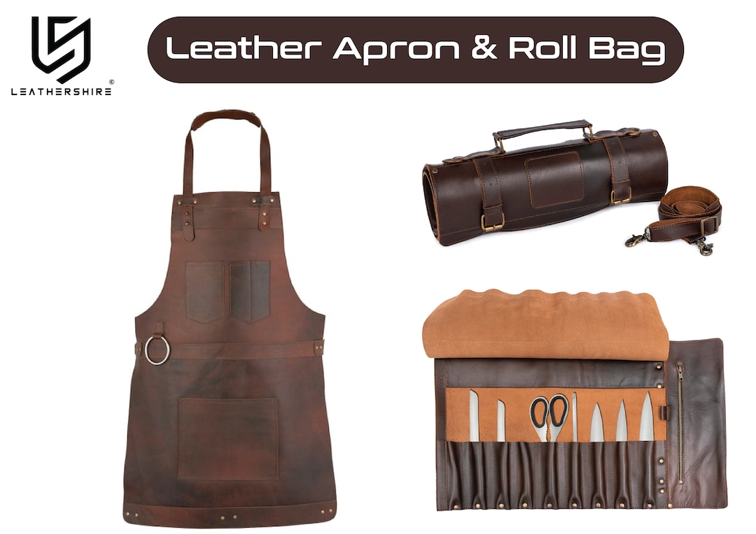 Dark Brown Full Grain Leather Apron 10 Pocket Cheff Roll Butcher Apron ...