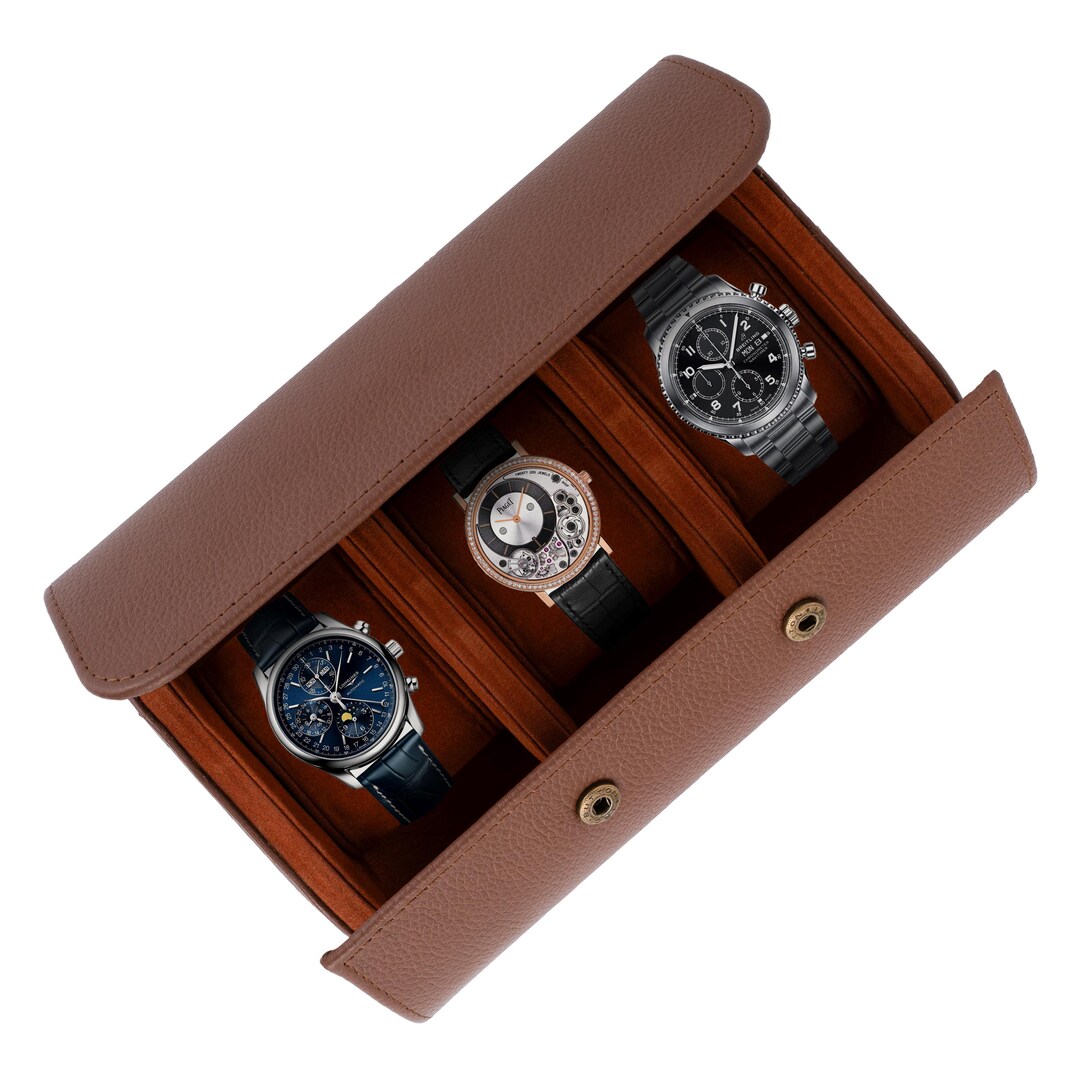 Leathershire Luxury Tan Brown Leather Watch Case Roll 3 Watches Storage ...