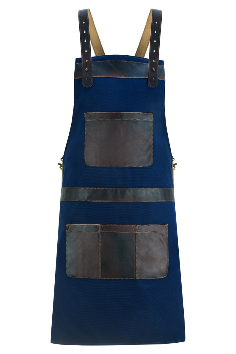 Top Grain Leather Blue Canvas Crossbody Apron Butcher Apron - Cook ...