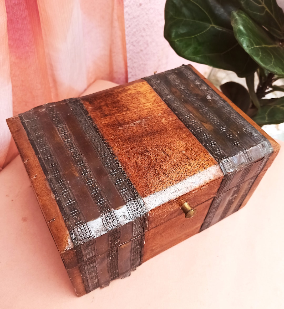 Traditional Indian Wooden Box With Metal Carved Strips Jewelry Case ...