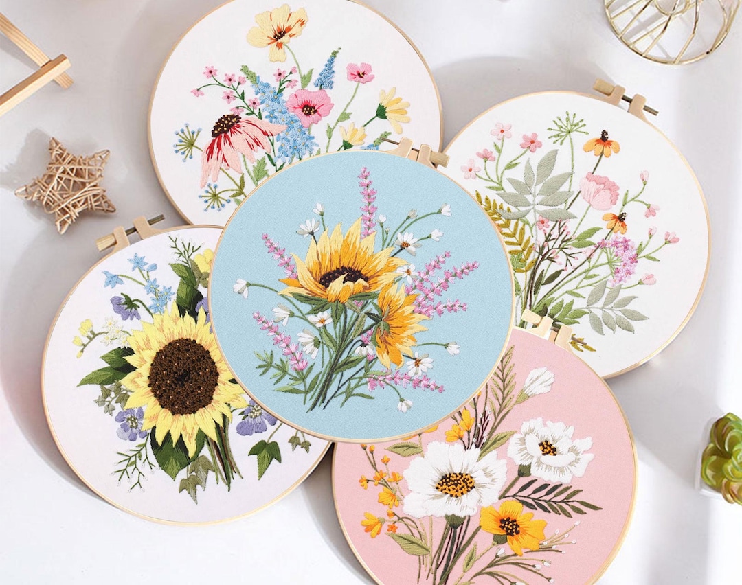 Sunflower Lavender Hand Embroidery Kit for Beginners, Large Yellow ...