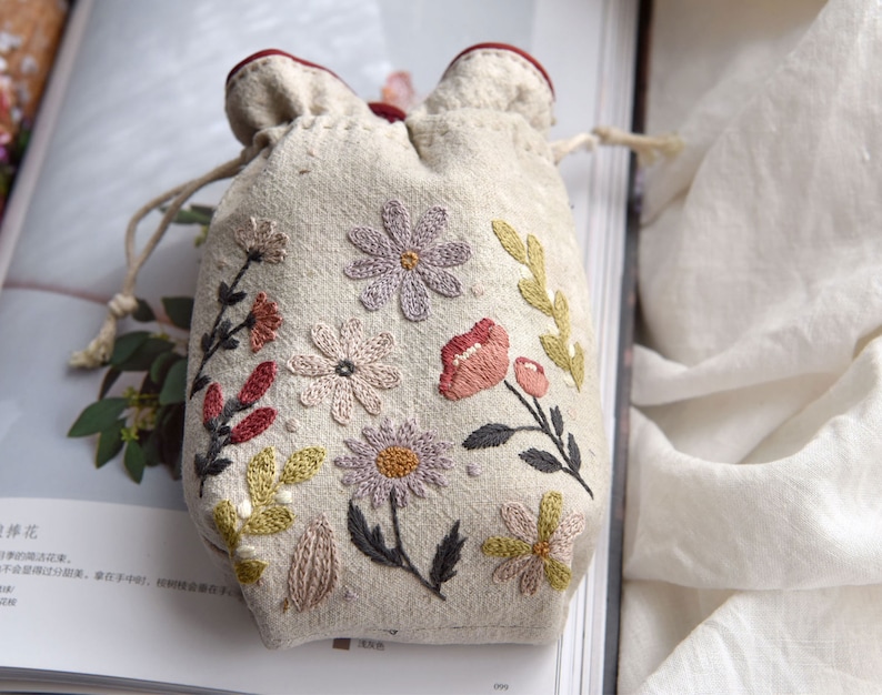 Flowers Hand Embroidery Small Bag Sew Kit,floral Embroidery Drawstring ...
