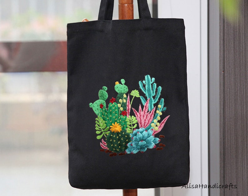 DIY Shoulder Bag Kit, Embroidery Canvas Tote Bag Kit, Succulent Cactus ...