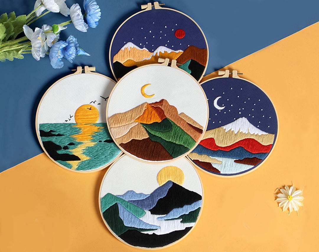 Beginner Mountain Scenery Embroidery Kit,warm Color Sun,moon and Stars ...