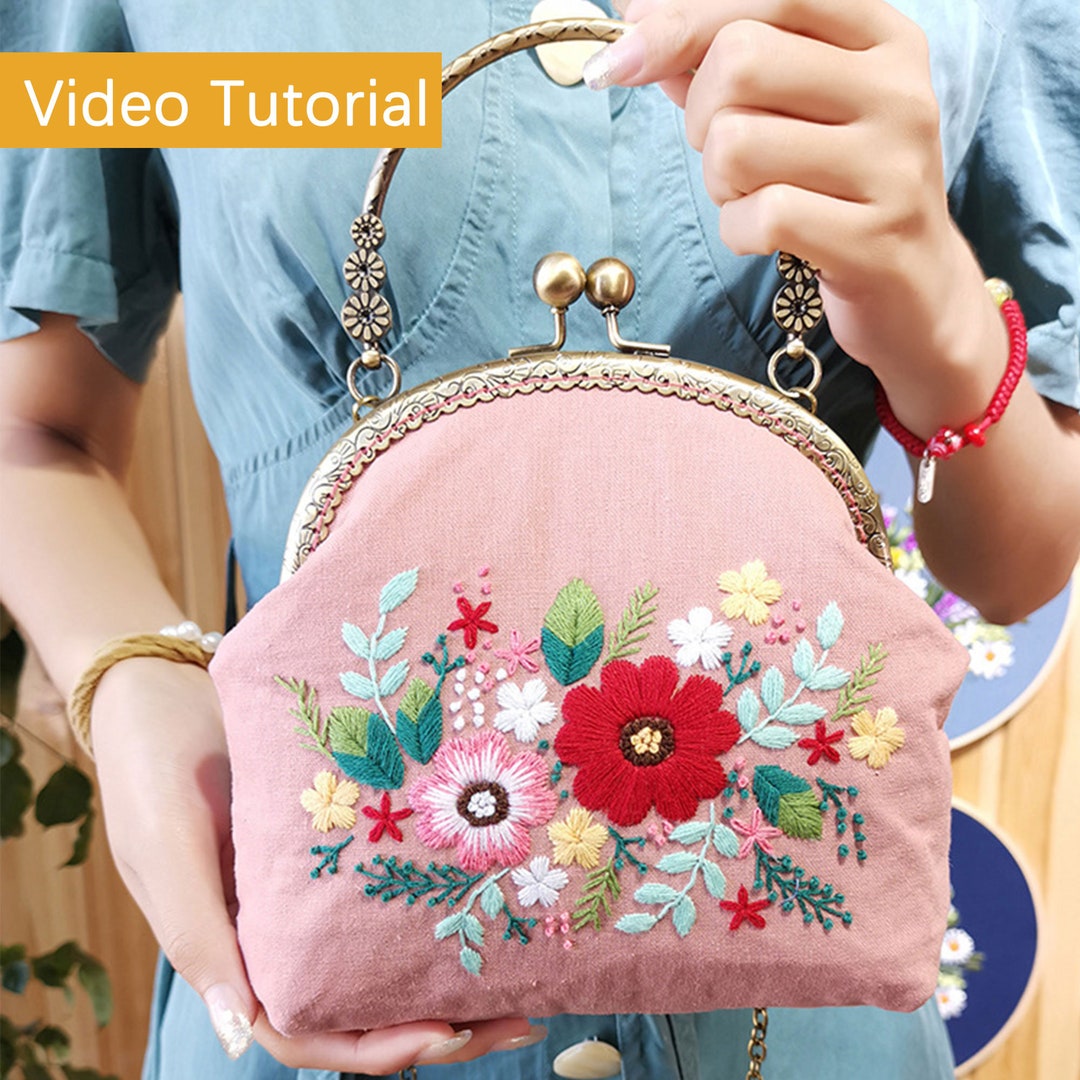 Embroidery Kiss Lock Handbag Kit With Pattern, Floral Flower Embroidery ...